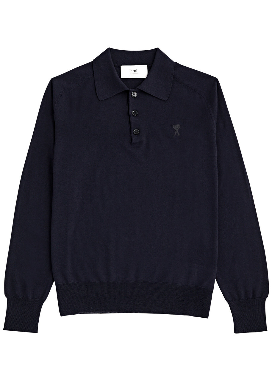Ami Paris Logo-embroidered Wool Polo Shirt Blue AMI