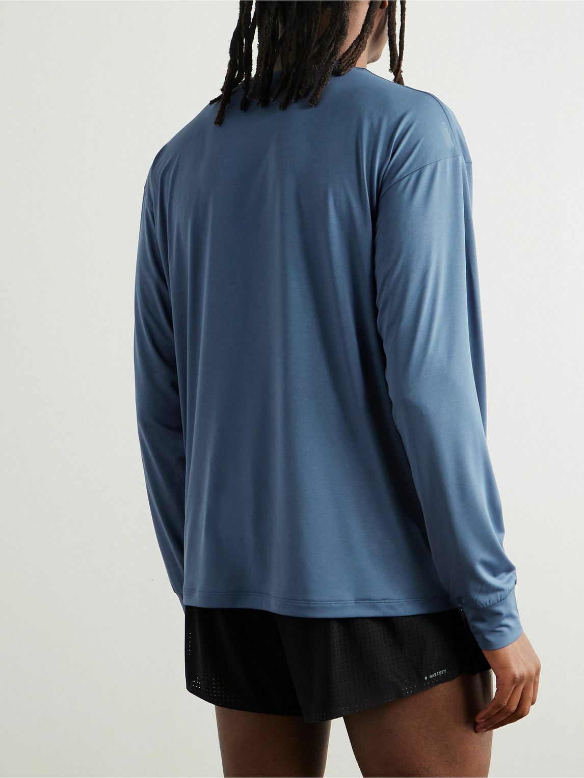 Satisfy - Logo-Print Recycled-AuraLite™ Jersey T-Shirt - Blue Satisfy