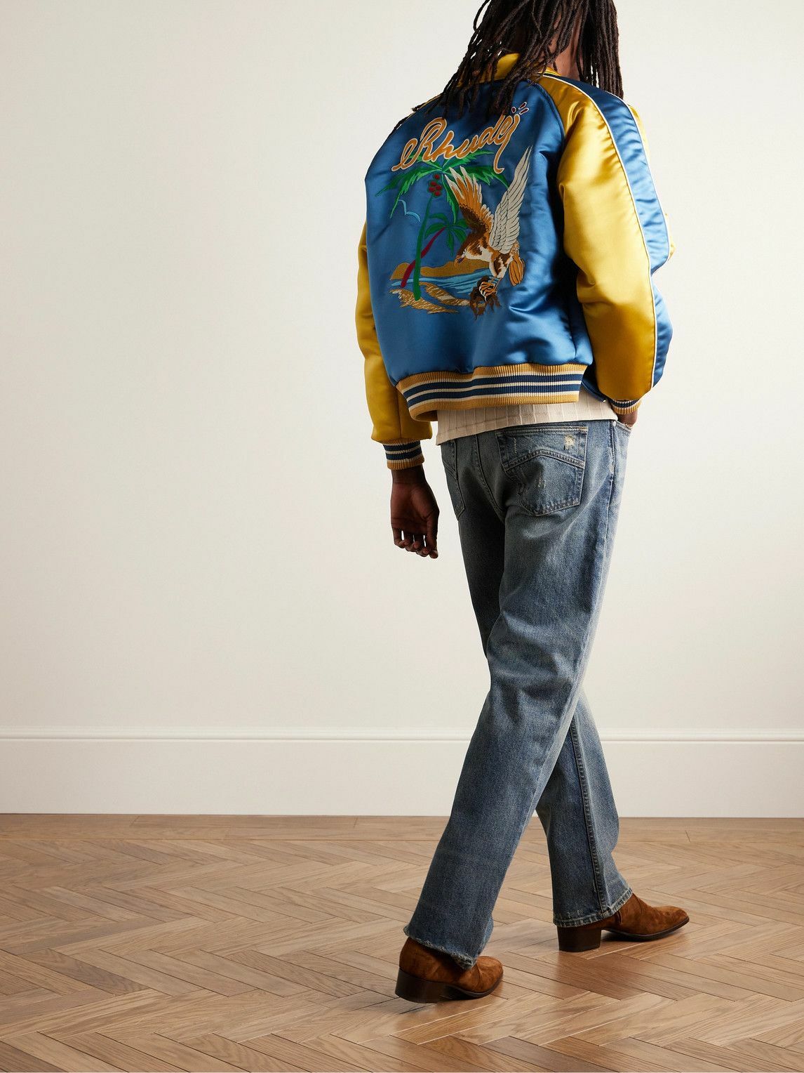 Rhude - Two-Tone Padded Logo-Embroidered Satin Bomber Jacket - Blue Rhude