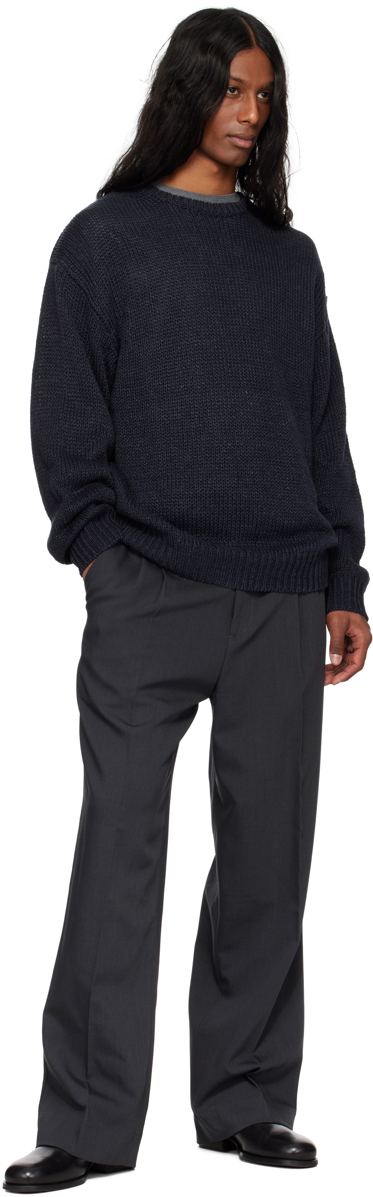 YLÈVE Navy European Linen Silk Basque Knit Sweater YLÈVE
