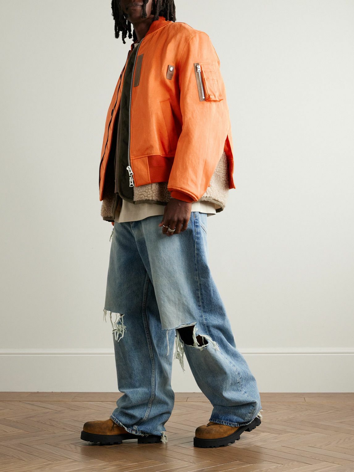 Sacai - Oversized Fleece-Trimmed Brushed-Shell Bomber Jacket - Orange Sacai