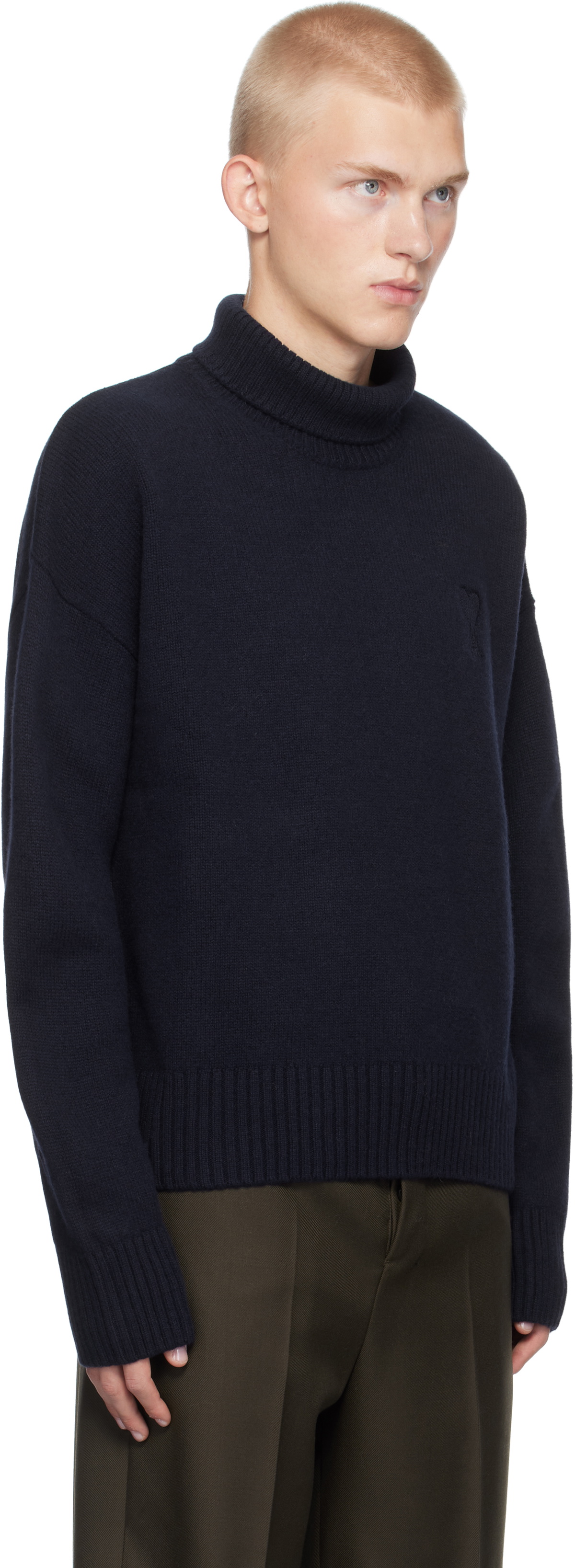AMI Paris Navy Embossed Ami de Coeur Turtleneck AMI