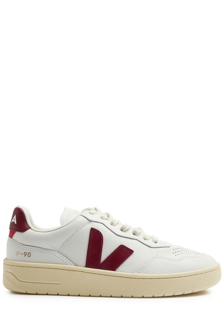 Veja V-90 Panelled Leather Sneakers White And Red VEJA