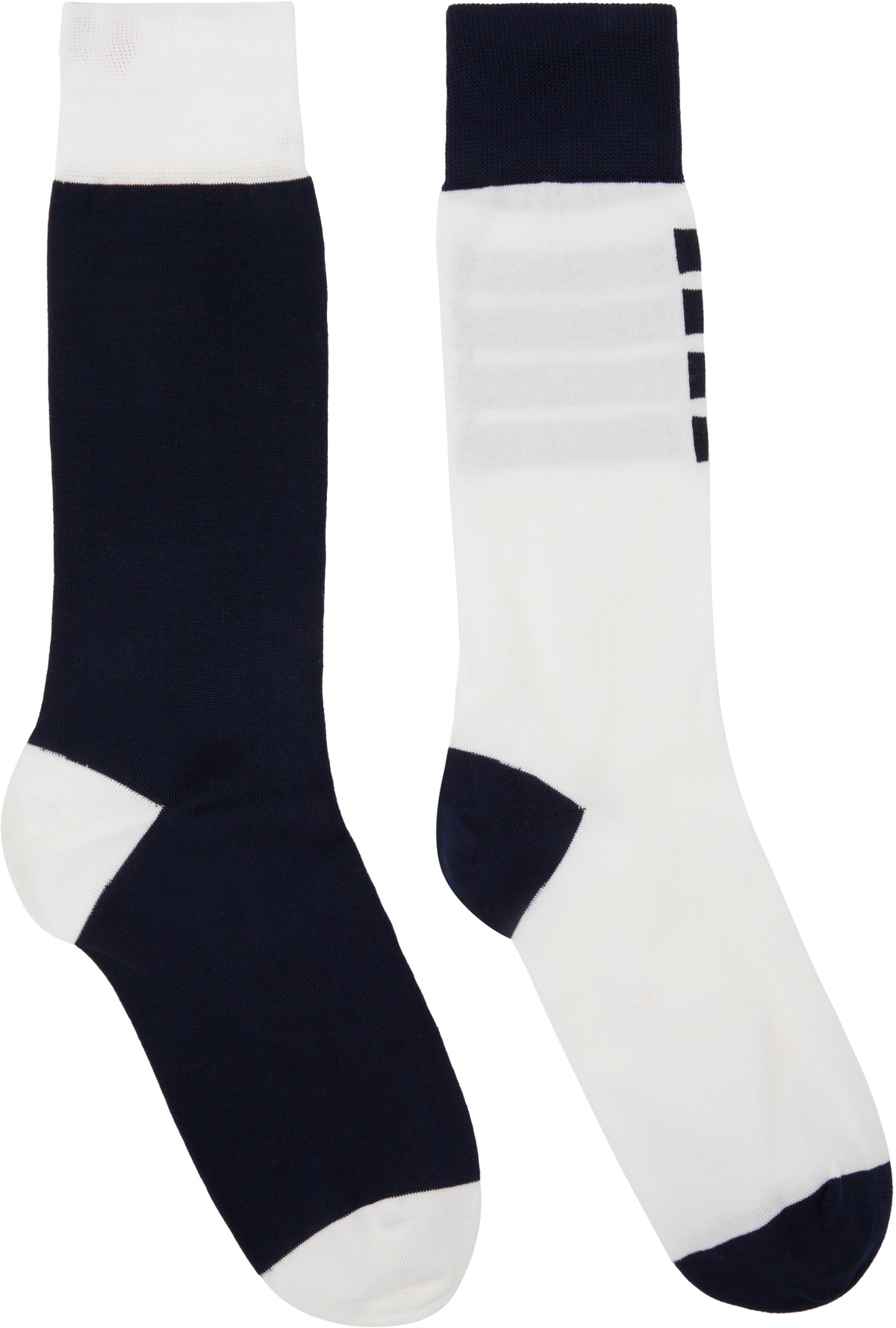 Thom Browne White & Navy Funmix Classic 4-Bar Jersey Mid Calf Socks ...