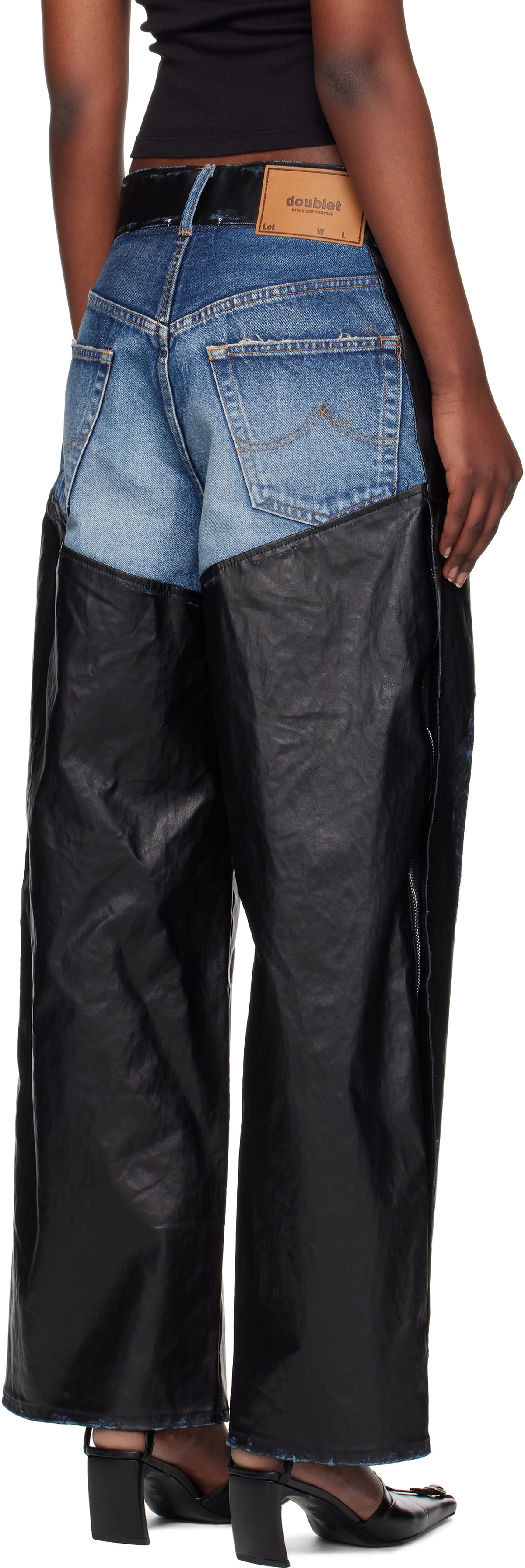 doublet Blue & Black Faux-Leather Coating Chaps Jeans Doublet