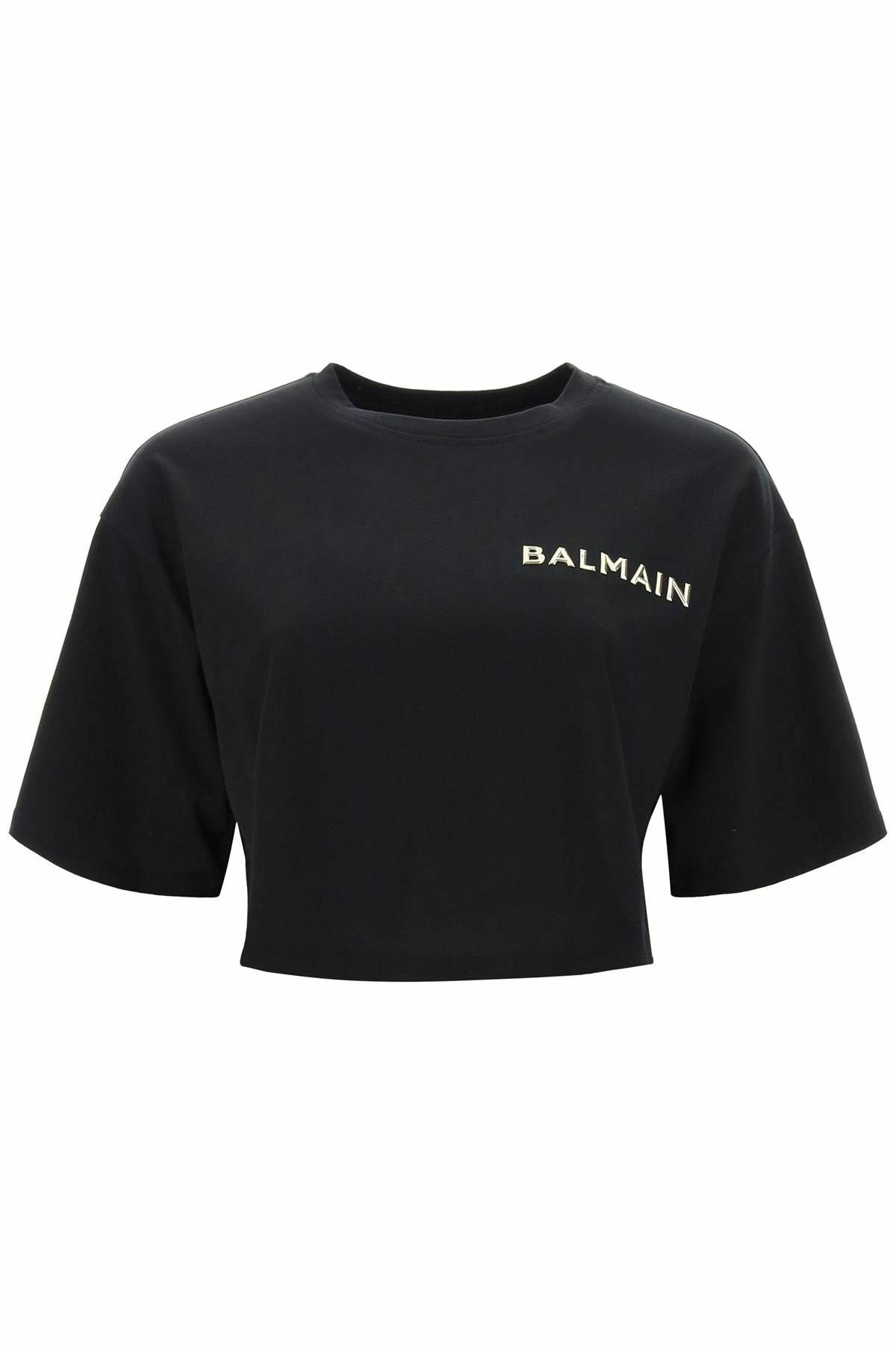 BALMAIN cropped t-shirt with metallic logo Black Balmain