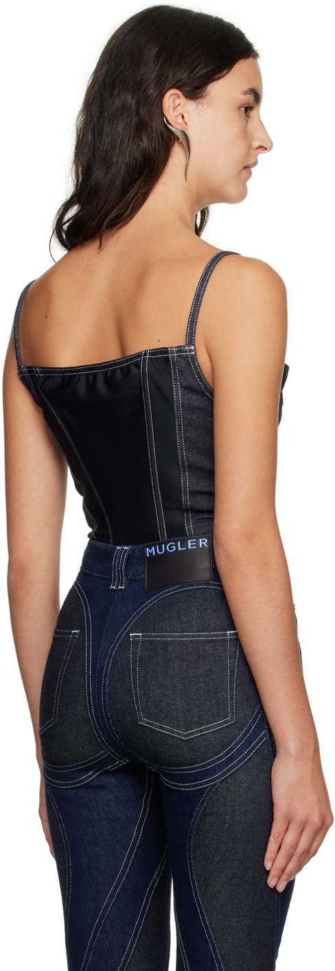 Mugler Navy & Black Paneled Denim Bodysuit Mugler