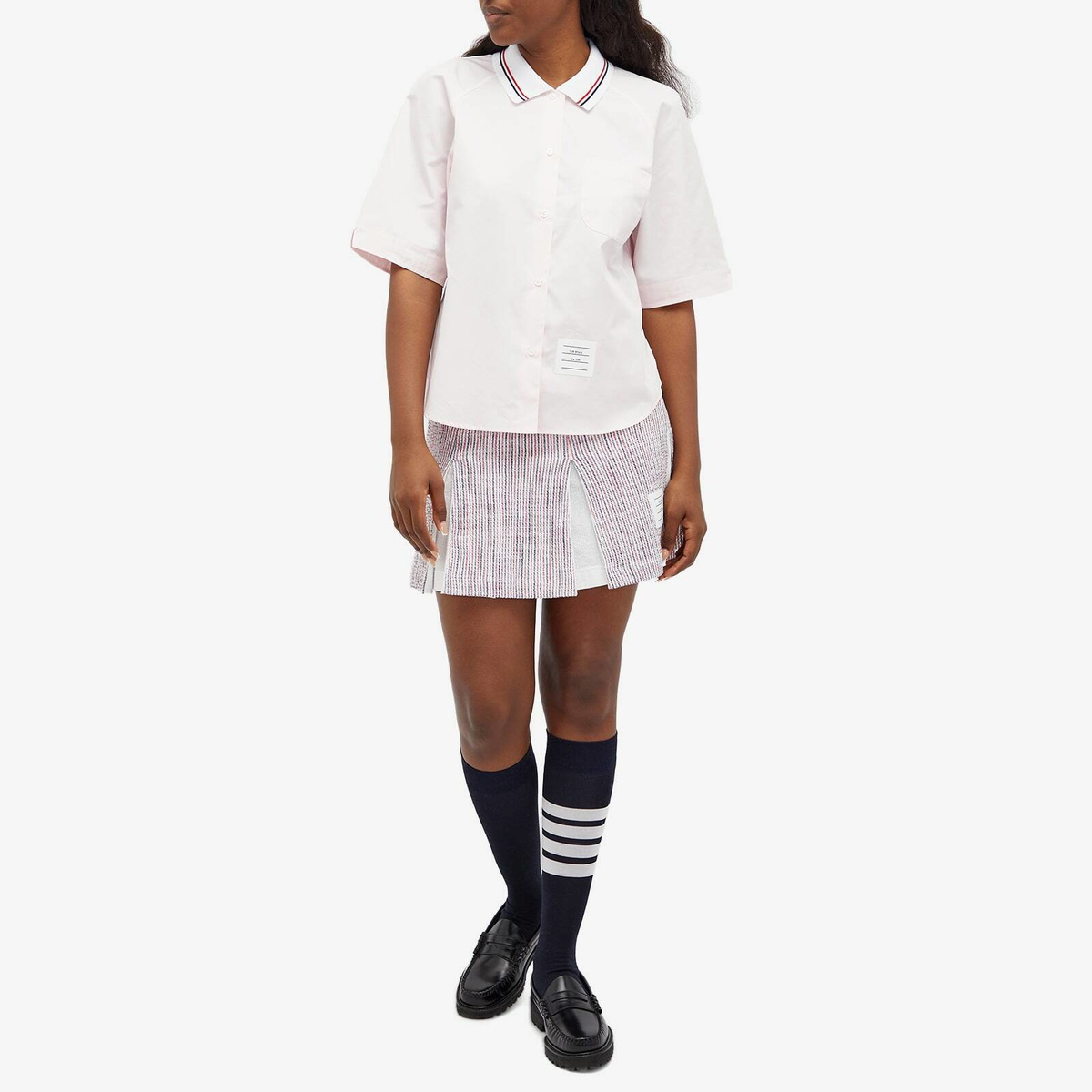 Thom Browne Women's Box Pleat Short Sleeve Shirt in Pink Thom Browne