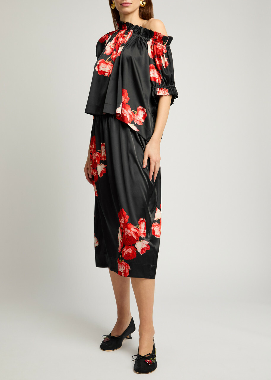 Simone Rocha Floral-print Stretch-satin top Black Red Simone Rocha