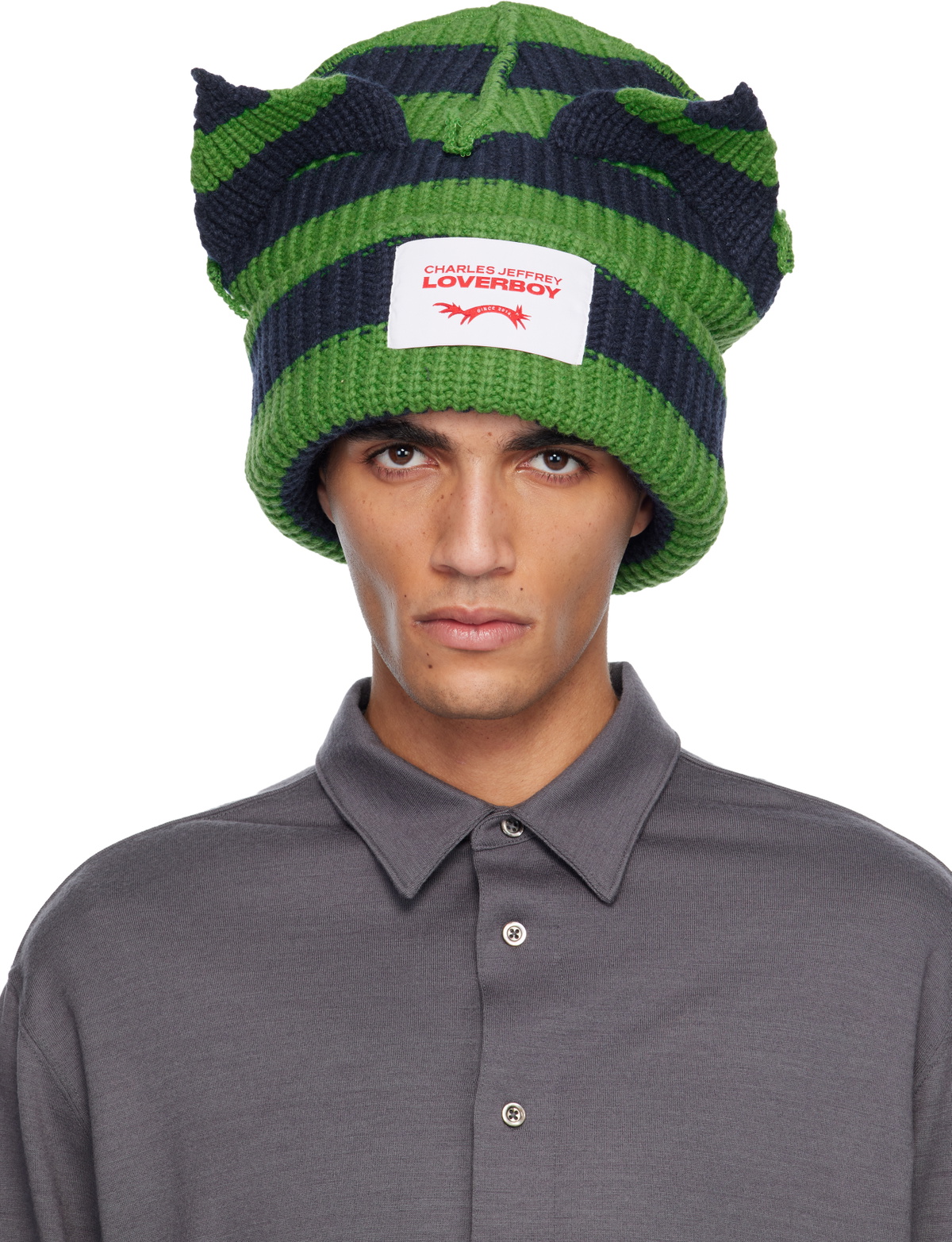 Charles Jeffrey LOVERBOY Green & Navy Supersized Chunky Ears Beanie ...