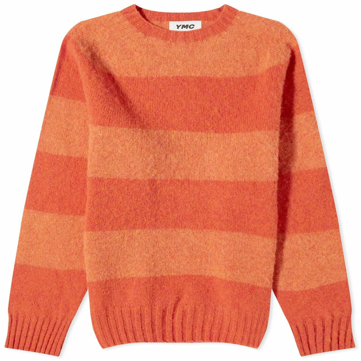 YMC Men's Suedehead Stripe Crew Knit in Red-Orange YMC