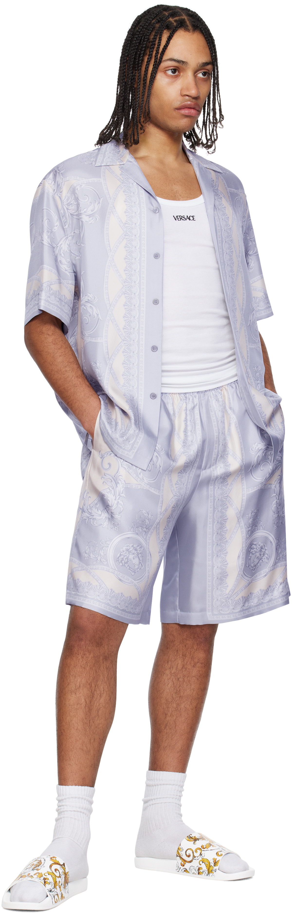 Versace Jeans Couture White & Gold Outline Barocco Pool Slides Versace