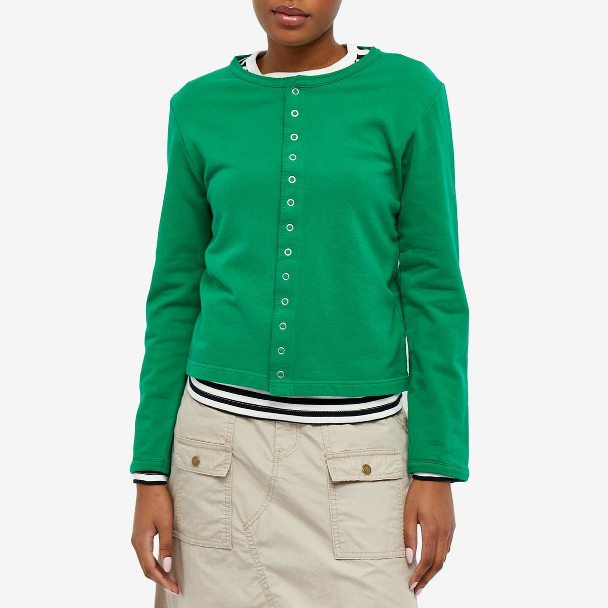 Beams Boy Women's Snap Button Cardigan in Green Beams Boy