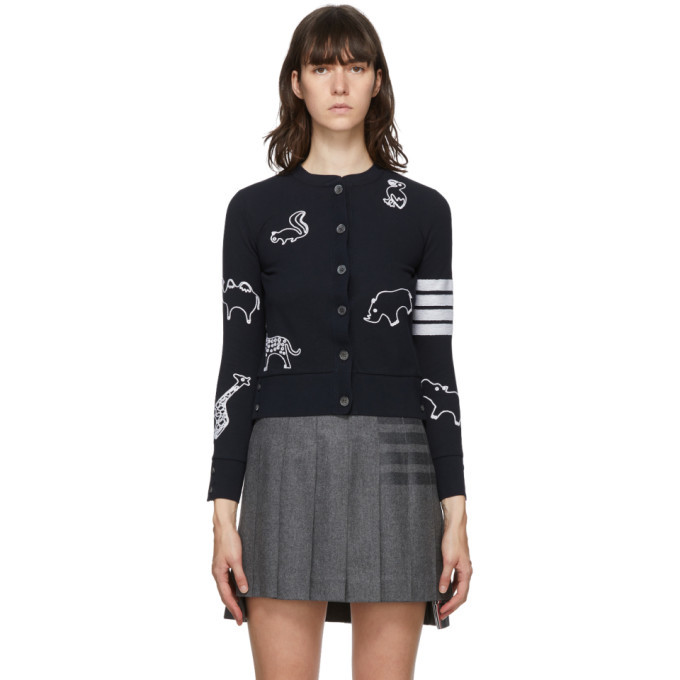 Thom Browne Navy Pique Animal Icon 4-Bar Cardigan Thom Browne