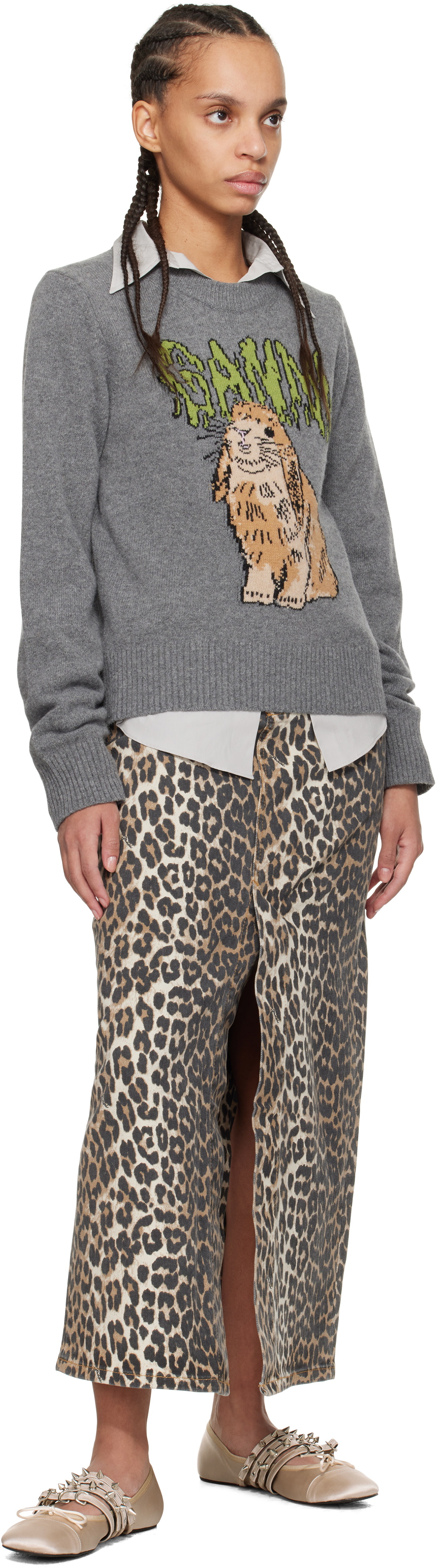 GANNI Gray Graphic Bunny Sweater GANNI