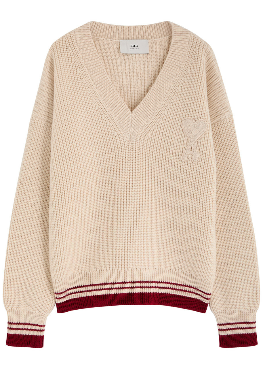 Ami Paris Logo-embroidered Ribbed Wool Jumper Off White AMI