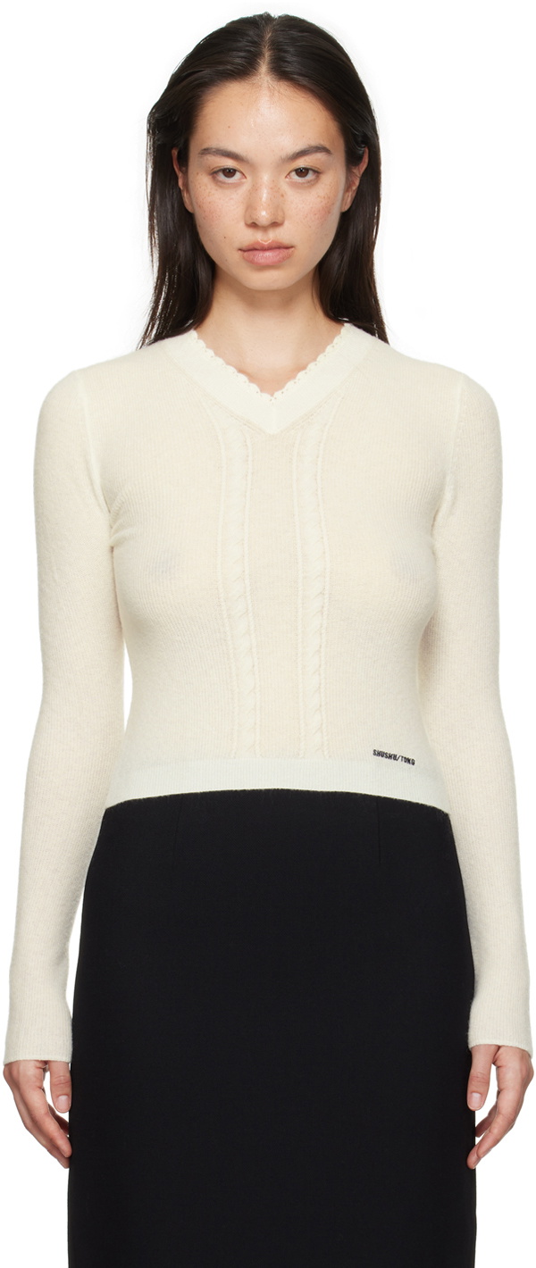 SHUSHU/TONG White Lace-Trimmed V-Neck Sweater Shushu/Tong
