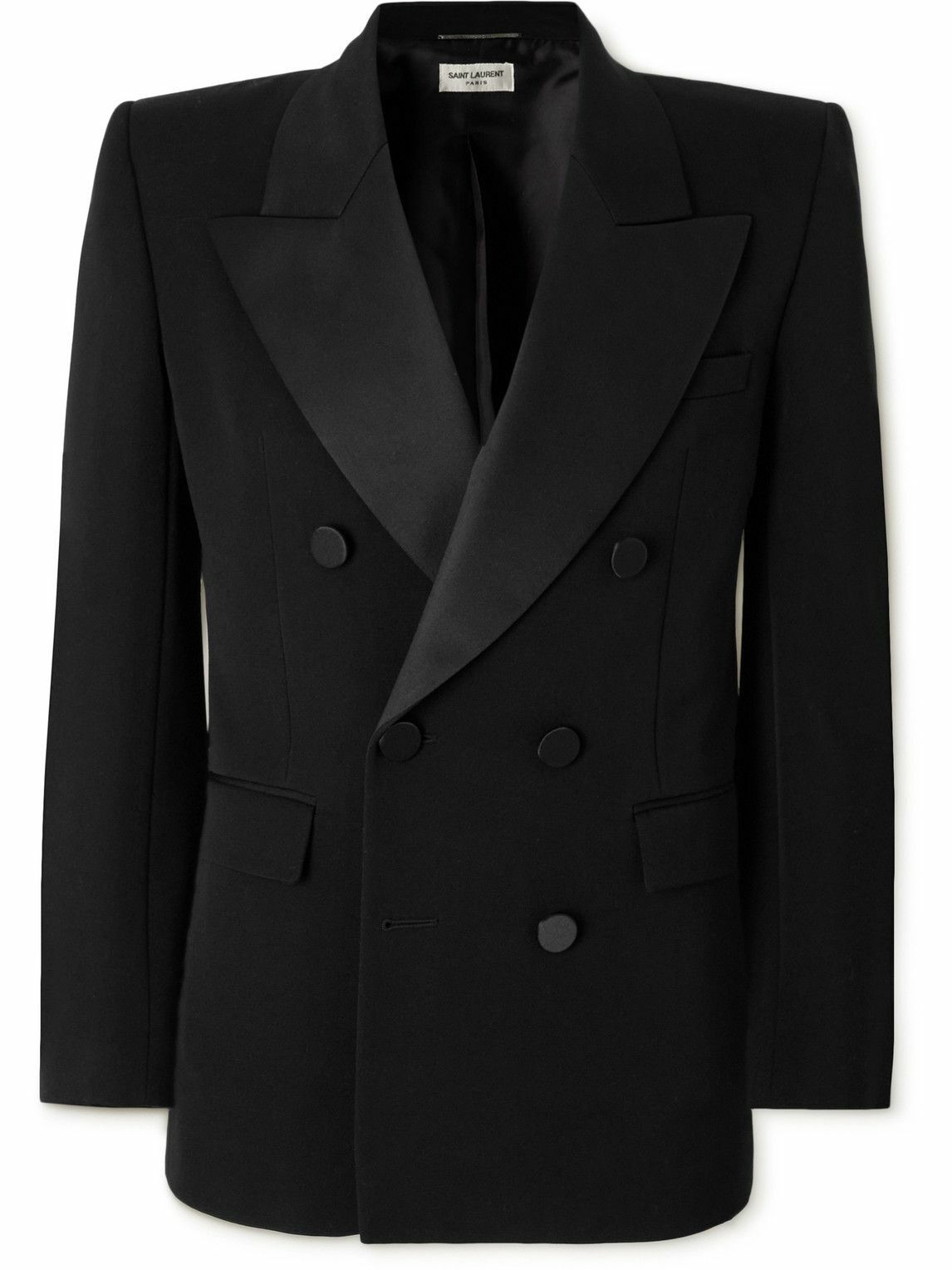 SAINT LAURENT - Double-Breasted Satin-Trimmed Wool Blazer - Black Saint Laurent