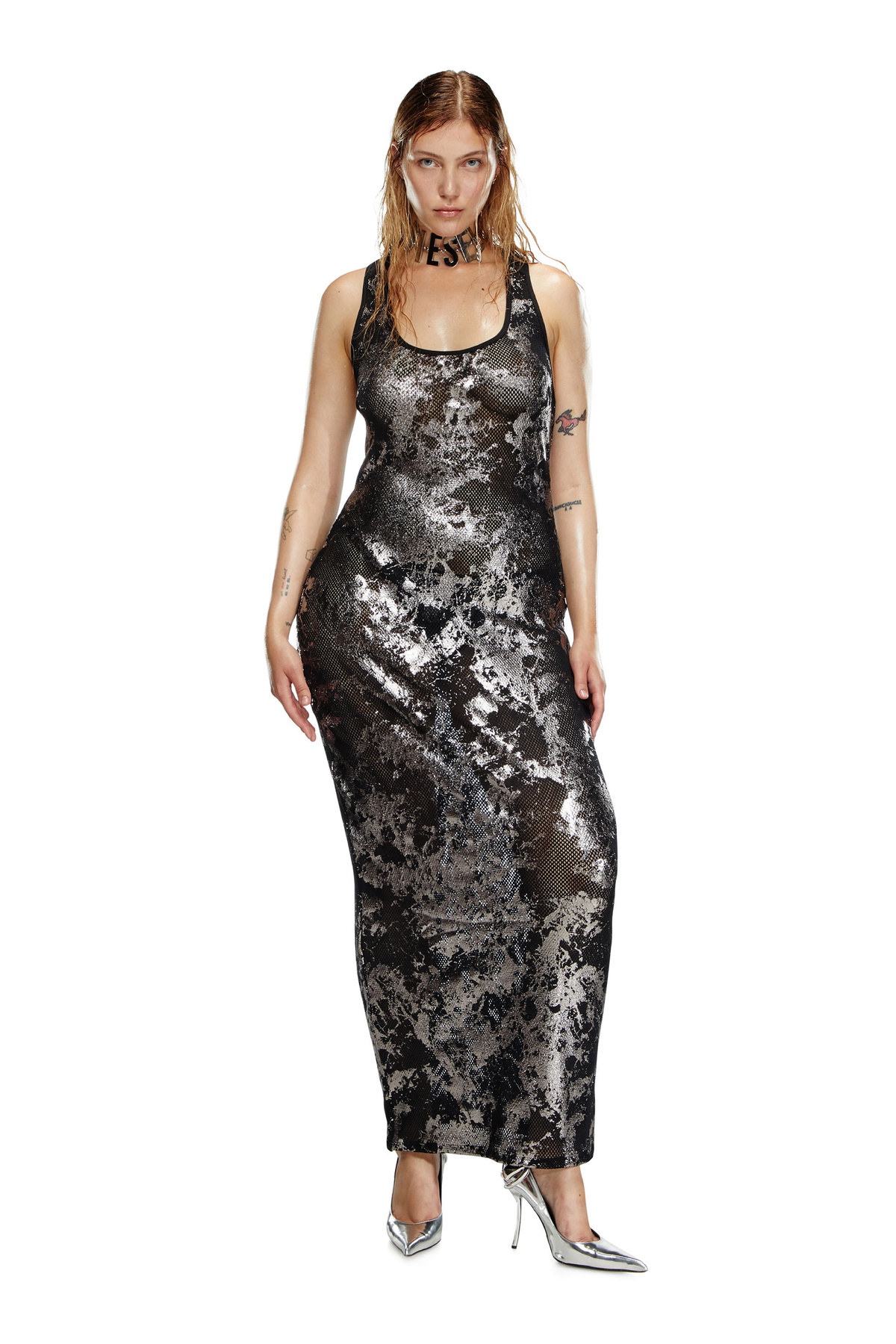 Diesel Long slip in foiled fishnet - Dresses Womens in Black Diesel