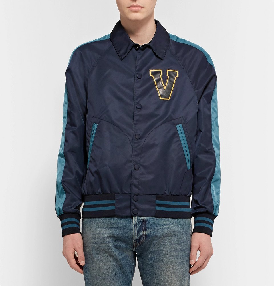 Valentino - Leather-Appliquéd Shell Varsity Jacket - Men - Navy Valentino