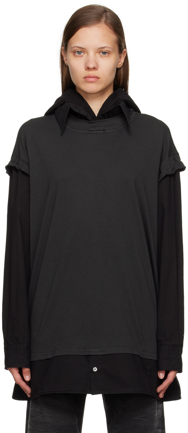 MM6 Maison Margiela Black Hooded Long Sleeve T-Shirt MM6 Maison Margiela