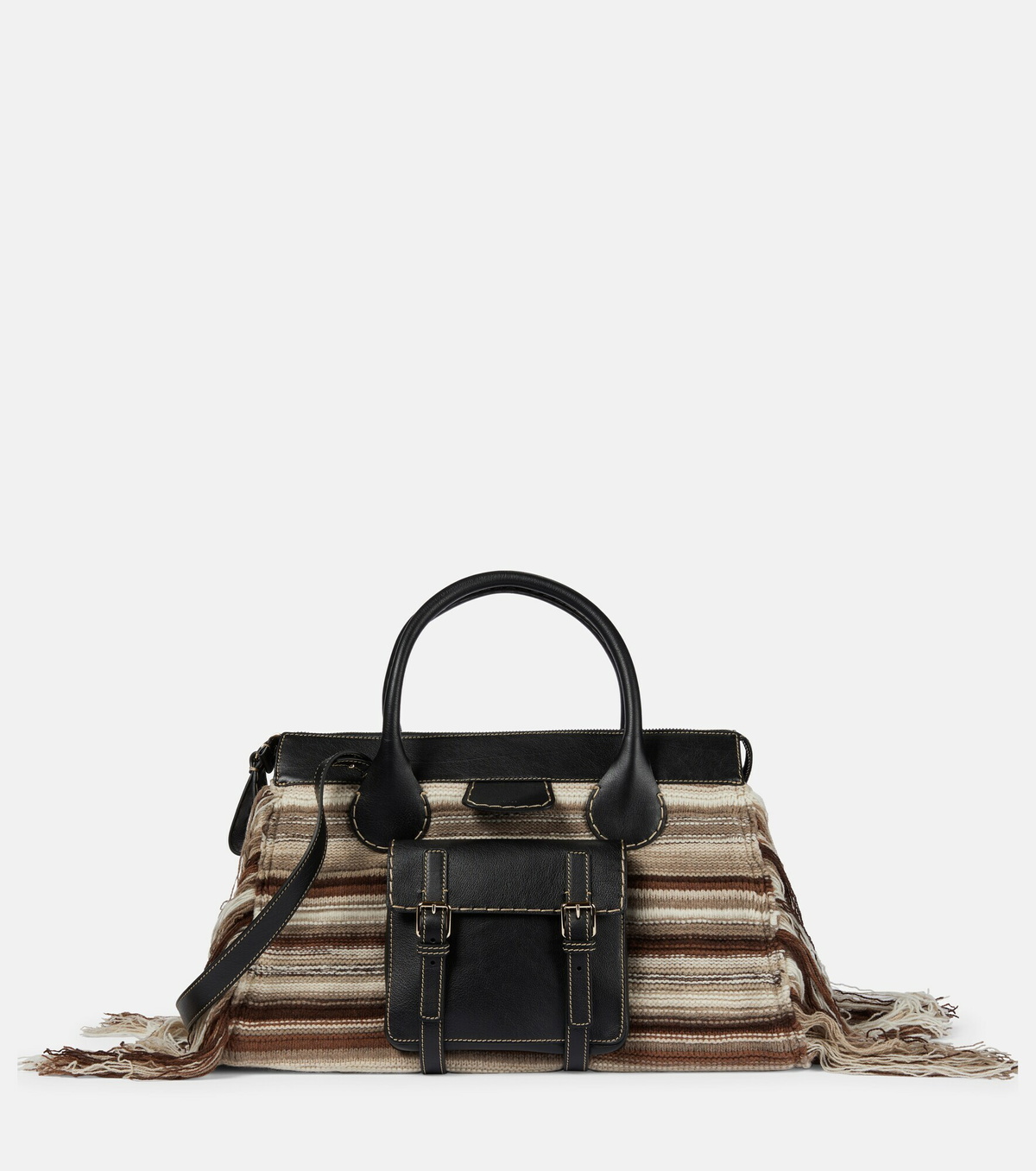 Chloe - Edith Large fringe-trimmed striped cashmere and leather tote Chloe