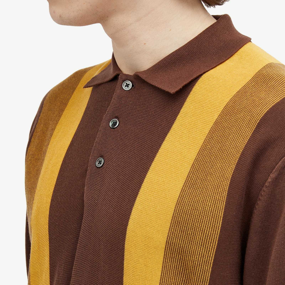 Beams Plus Men's 12g Stripe Knit Long Sleeve Polo Shirt in Brown Beams Plus