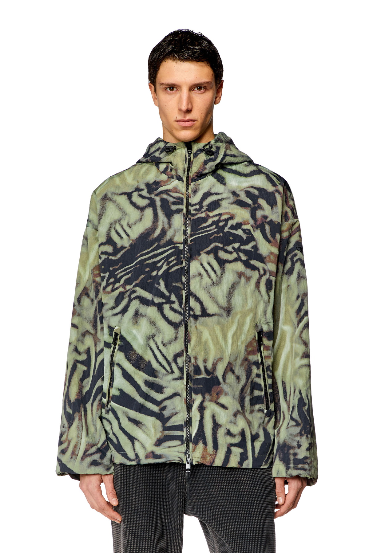 Diesel Nylon windbreaker with camo-zebra print - Jackets Mens in Green ...