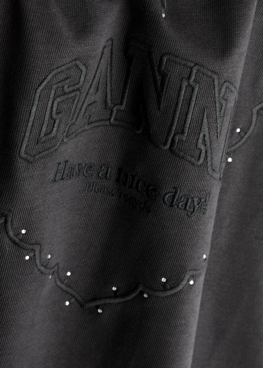 Ganni Logo Crystal-embellished Cotton T-shirt Dark Grey GANNI