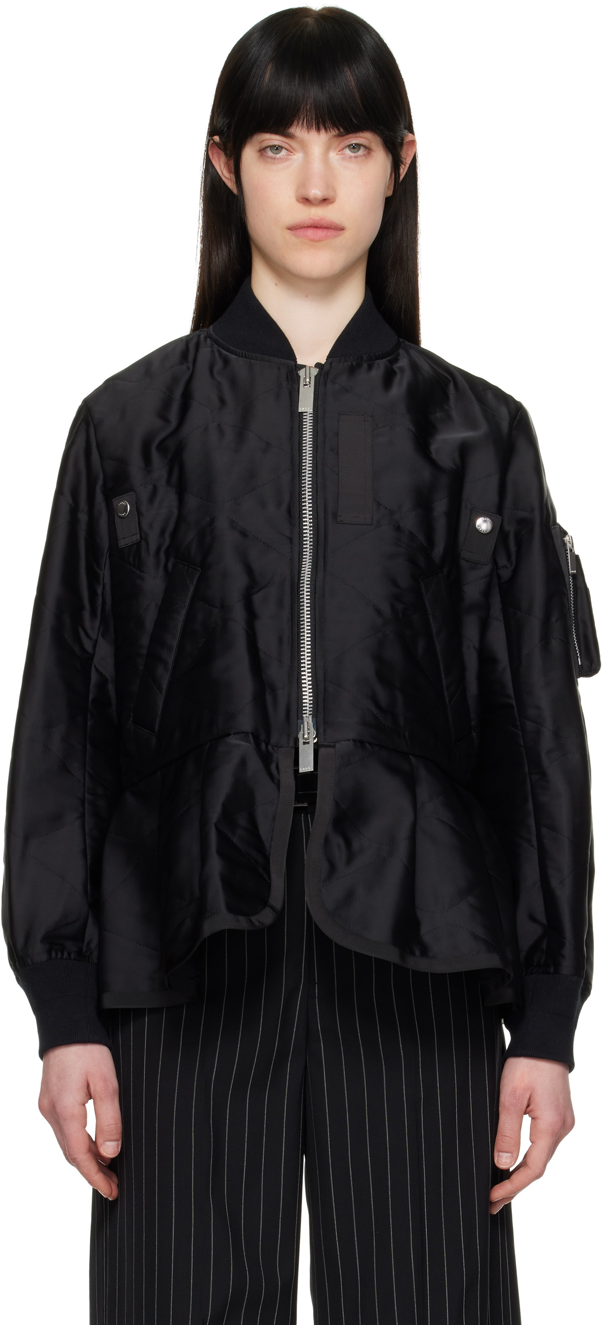 sacai Black Quilted Satin Bomber Jacket Sacai