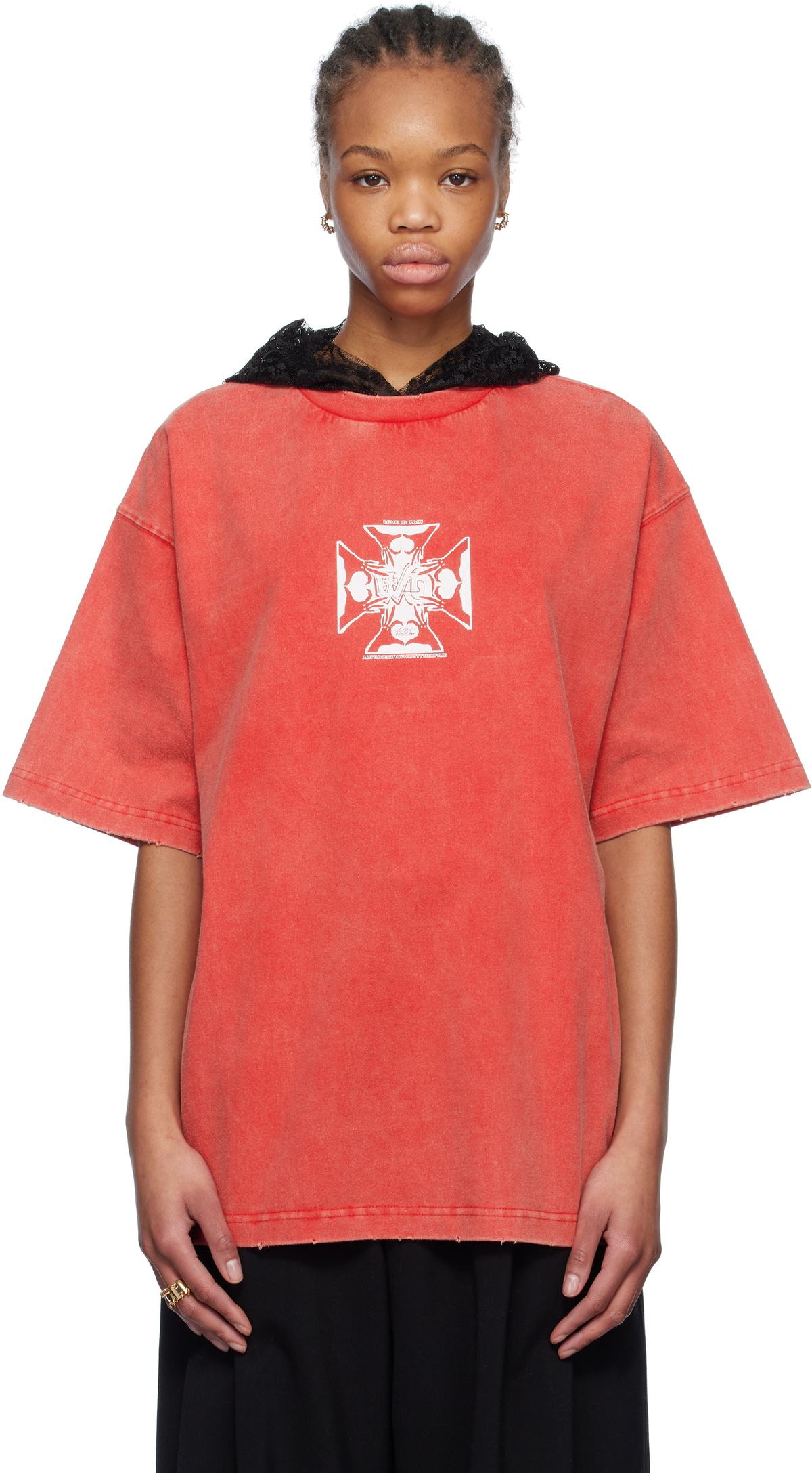 We11done Red Heart Cross Hooded T-shirt We11done