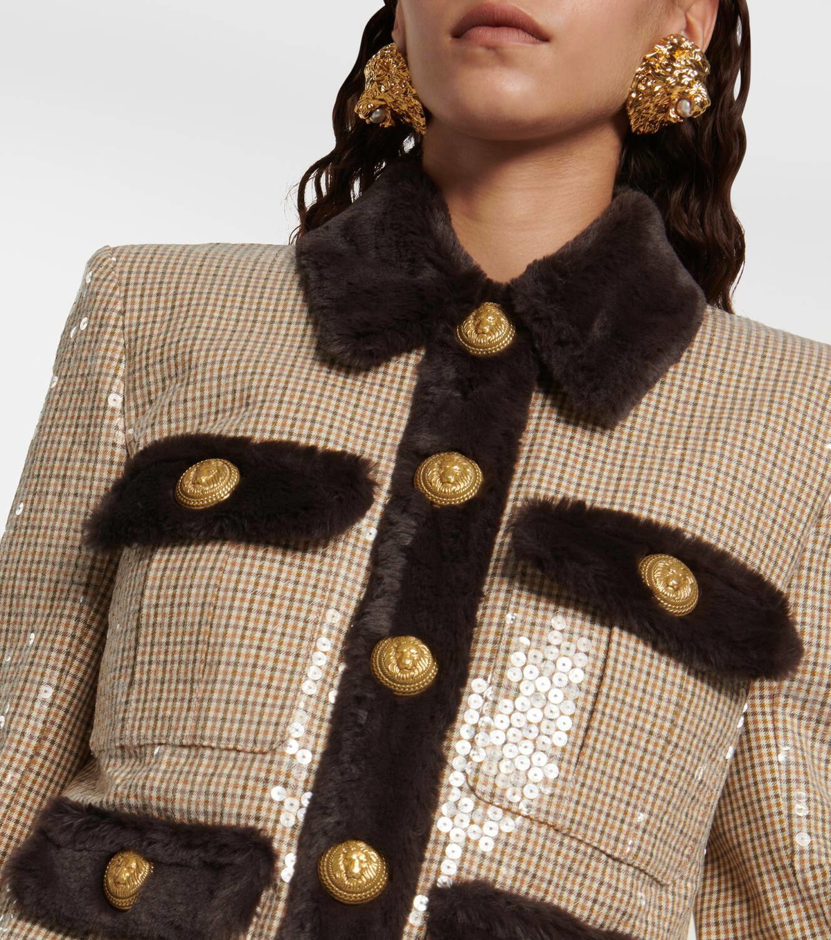Balmain Sequined faux fur-trimmed jacket Balmain