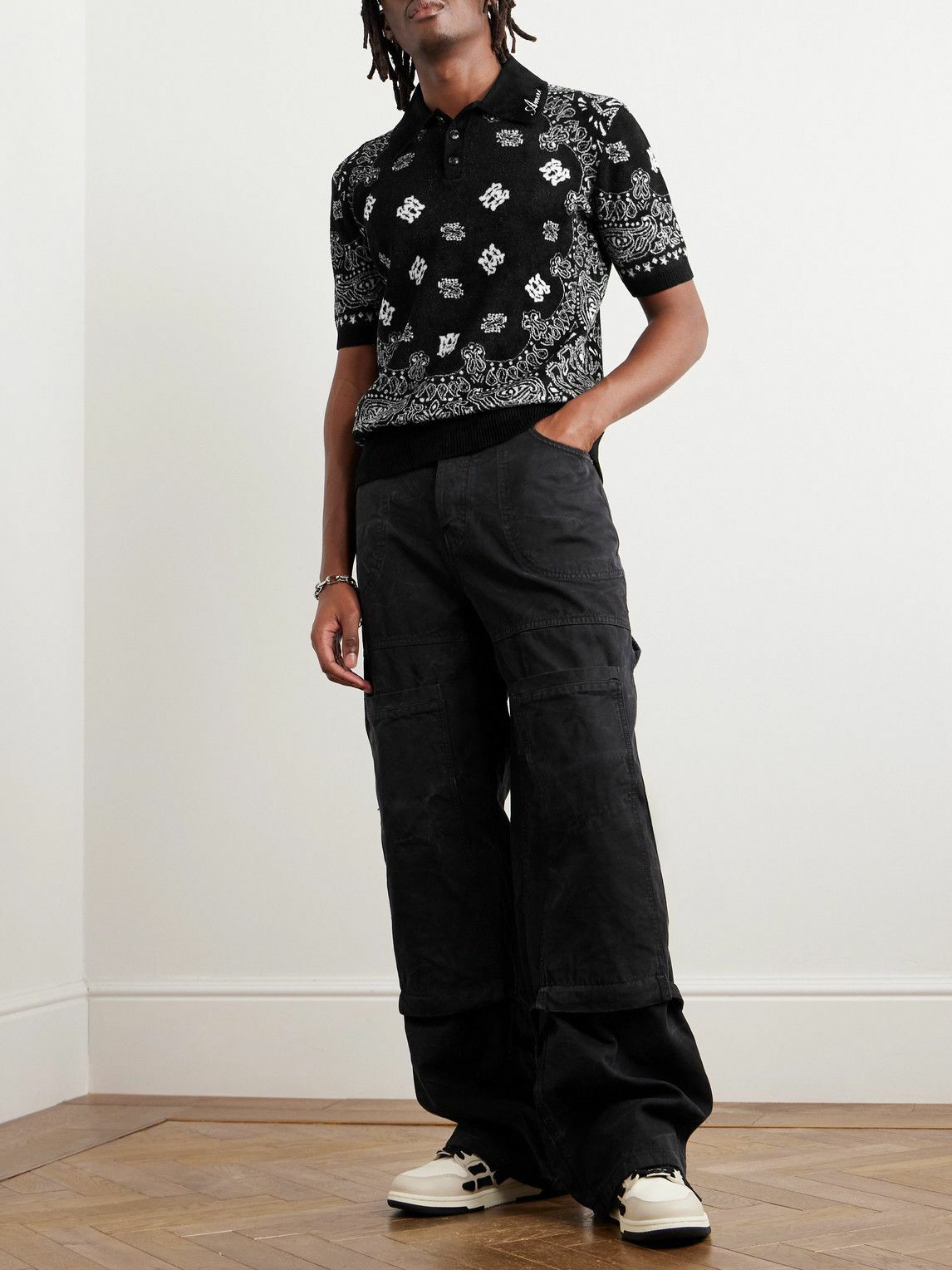 AMIRI - Logo-Embroidered Paisley-Jacquard Fleece Polo Shirt - Black Amiri