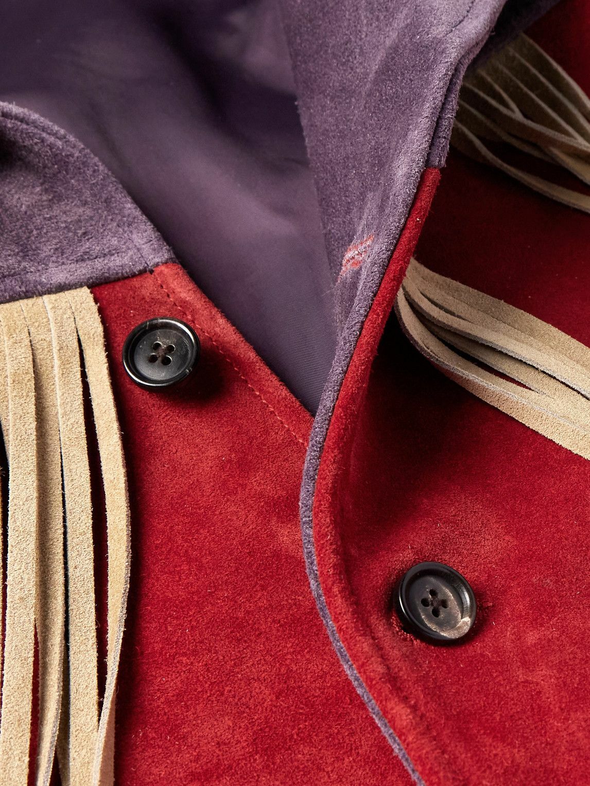 BODE - Appliquéd Colour-Block Fringed Suede Jacket - Red Bode