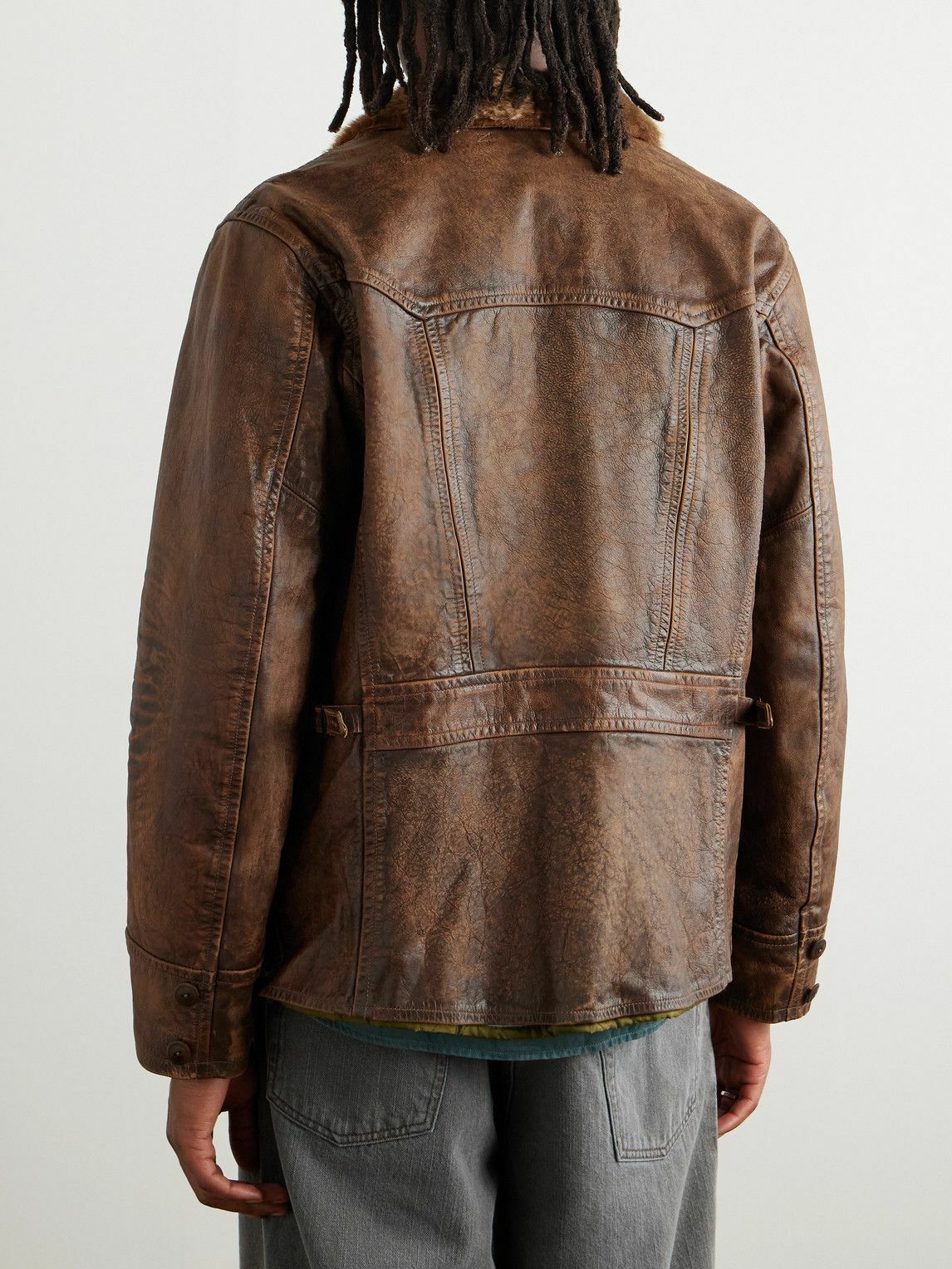 RRL - Thurston Shearling-Trimmed Distressed Leather Jacket - Brown RRL