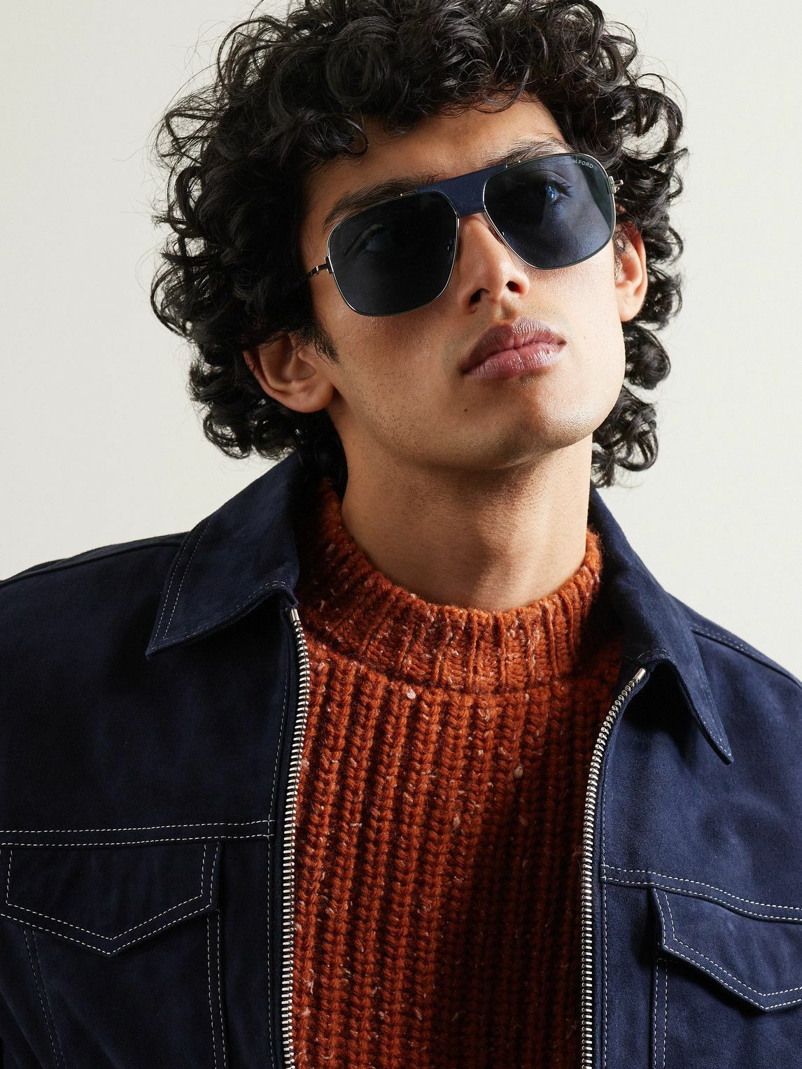 TOM FORD - Tex Aviator-Style Leather-Trimmed Silver-Tone Sunglasses TOM ...