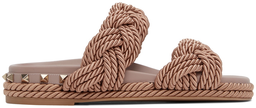 Valentino Garavani Taupe Rope Rockstud Flat Sandals Valentino Garavani