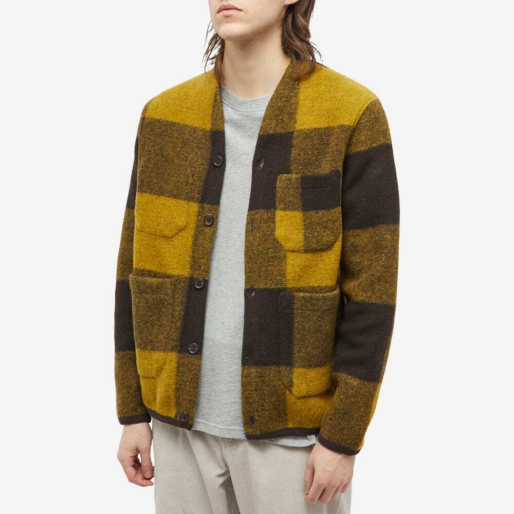 Universal Works Men's Studio Check Wool Fleece Cardigan in Mustard ...