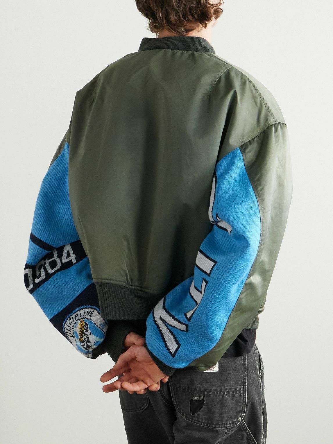 SAINT MXXXXXX - Distressed Padded Jacquard-Panelled Nylon Bomber Jacket - Green SAINT Mxxxxxx