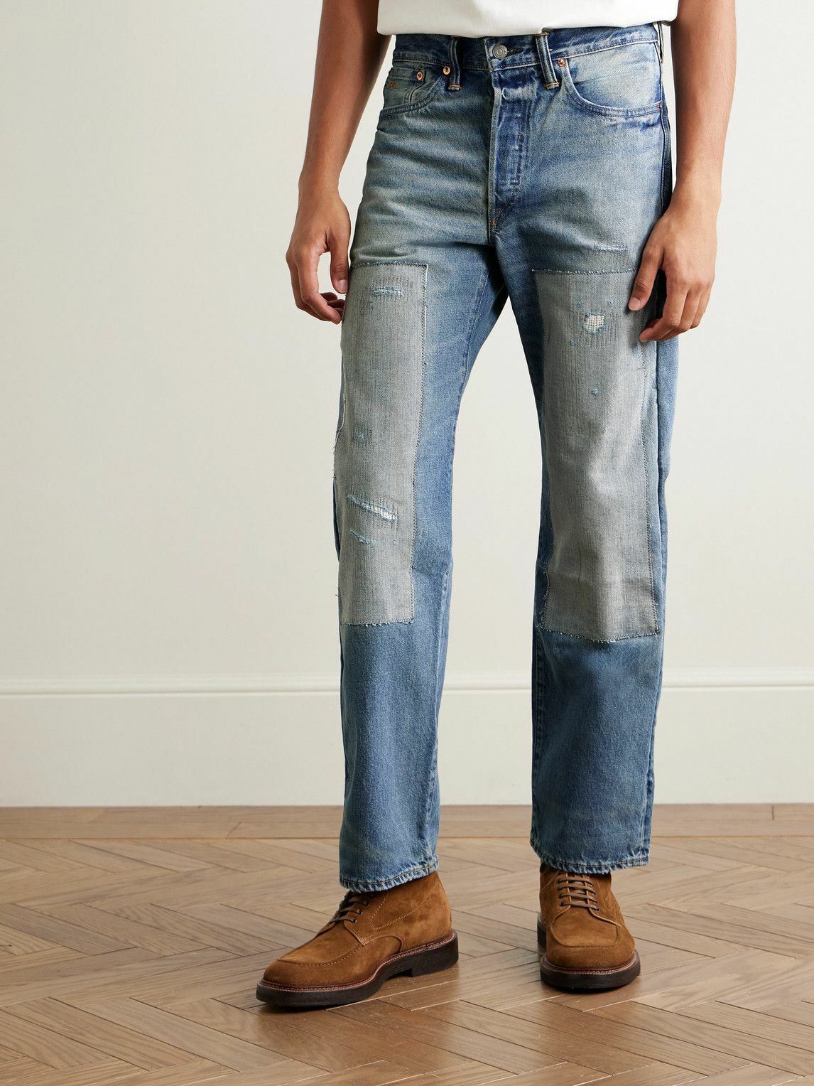 RRL - Straight-Leg Distressed Panelled Selvedge Jeans - Blue RRL