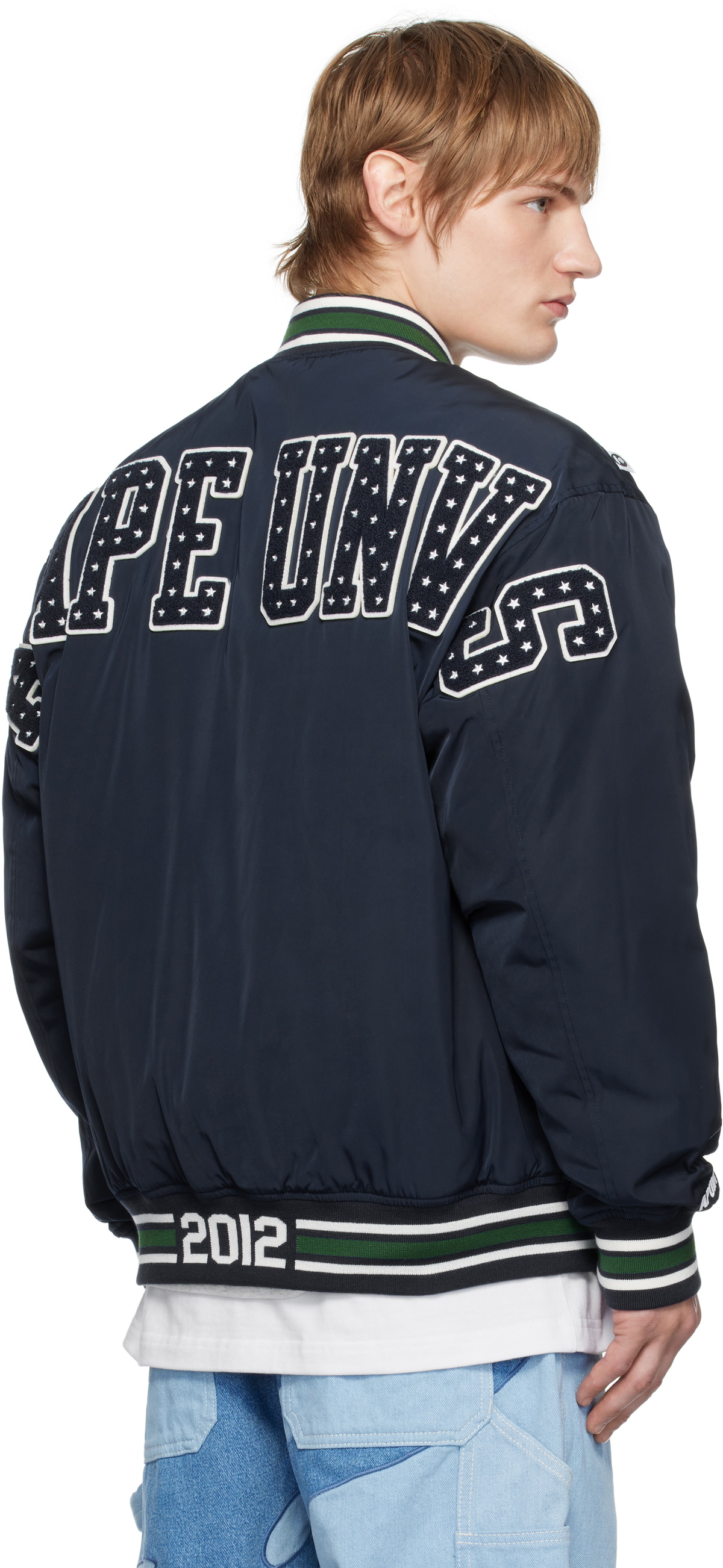 AAPE by A Bathing Ape Navy Moonface Logo Varsity Bomber Jacket AAPE by ...