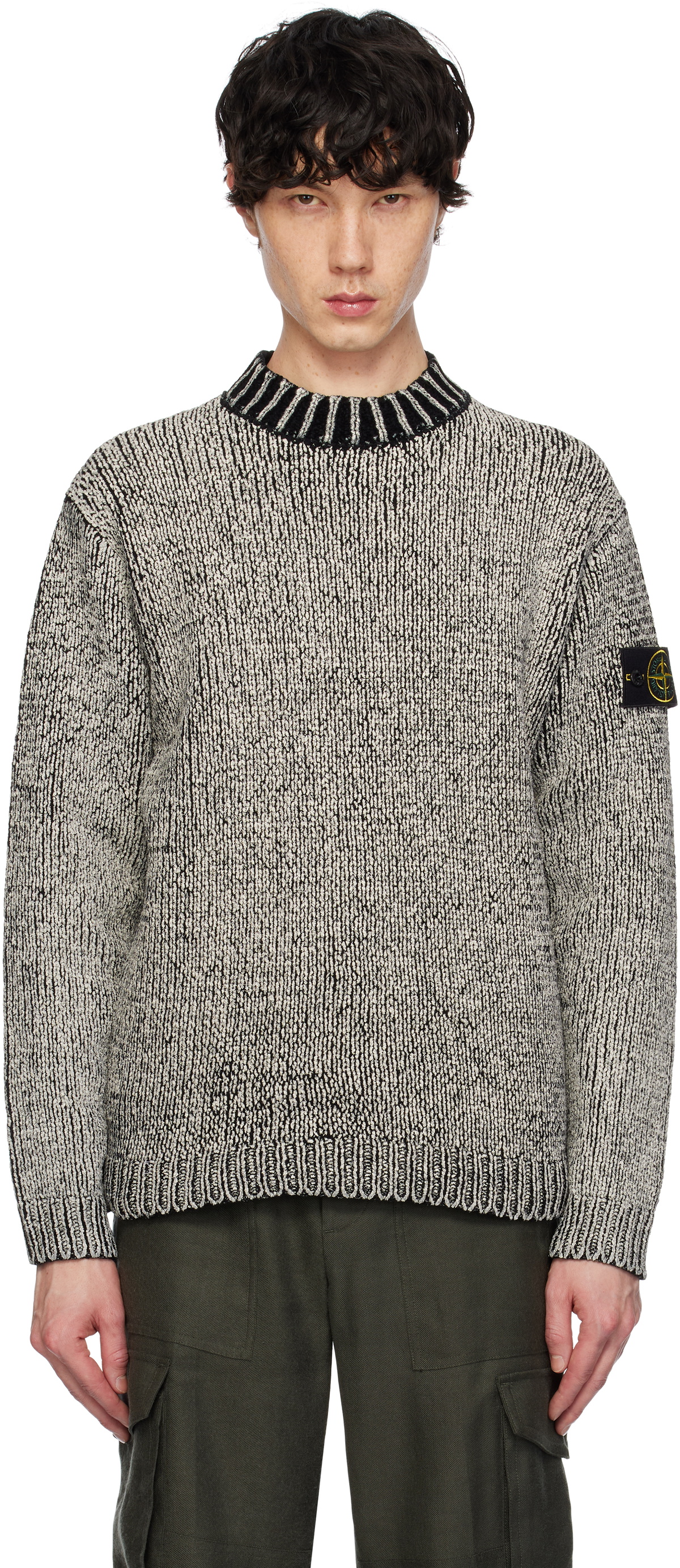 Stone Island Black & Off-White Crewneck Cotton Chenille Sweater Stone ...