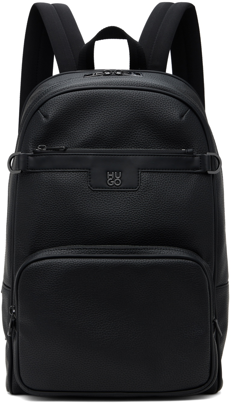 Hugo Black Grained Faux-Leather Stacked Logo Trim Backpack Hugo Boss