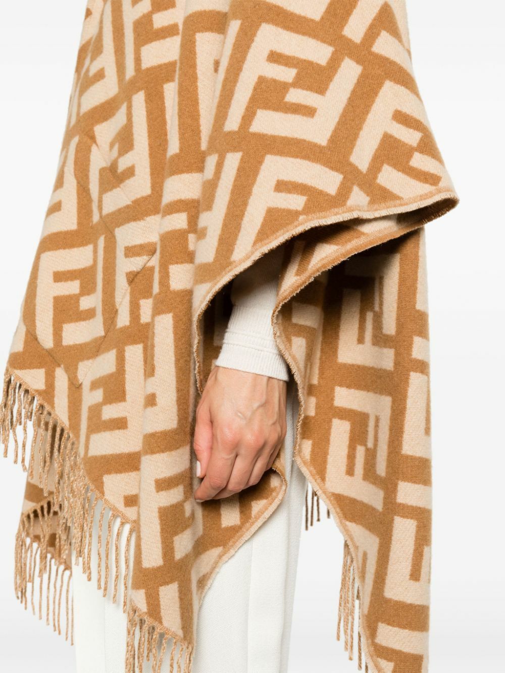 FENDI Brown FF Logo Fringed Cashmere Poncho Fendi