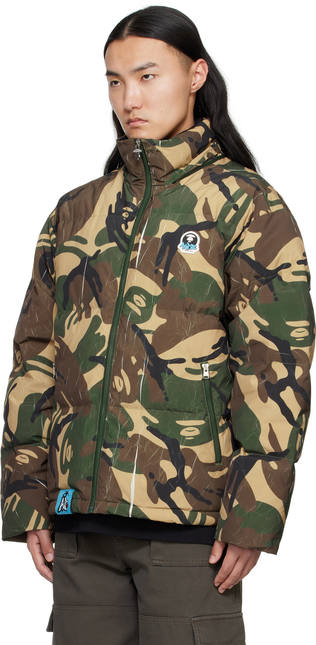 AAPE by A Bathing Ape Multicolor Moonface Camo Hooded Down Jacket AAPE ...