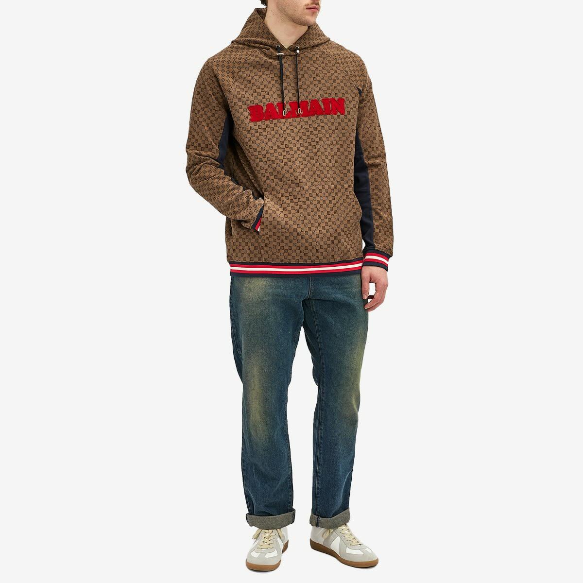 Balmain Men's Retro Logo Mini Monogram Hoodie in Brown/Navy/Red Balmain