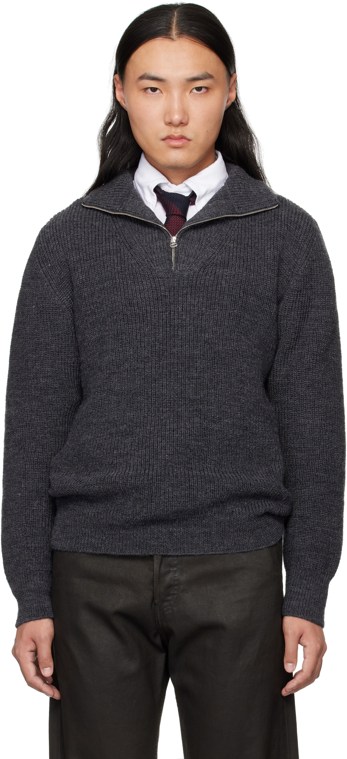 Drake's Gray Wool Quarter Zip Sweater Drake's