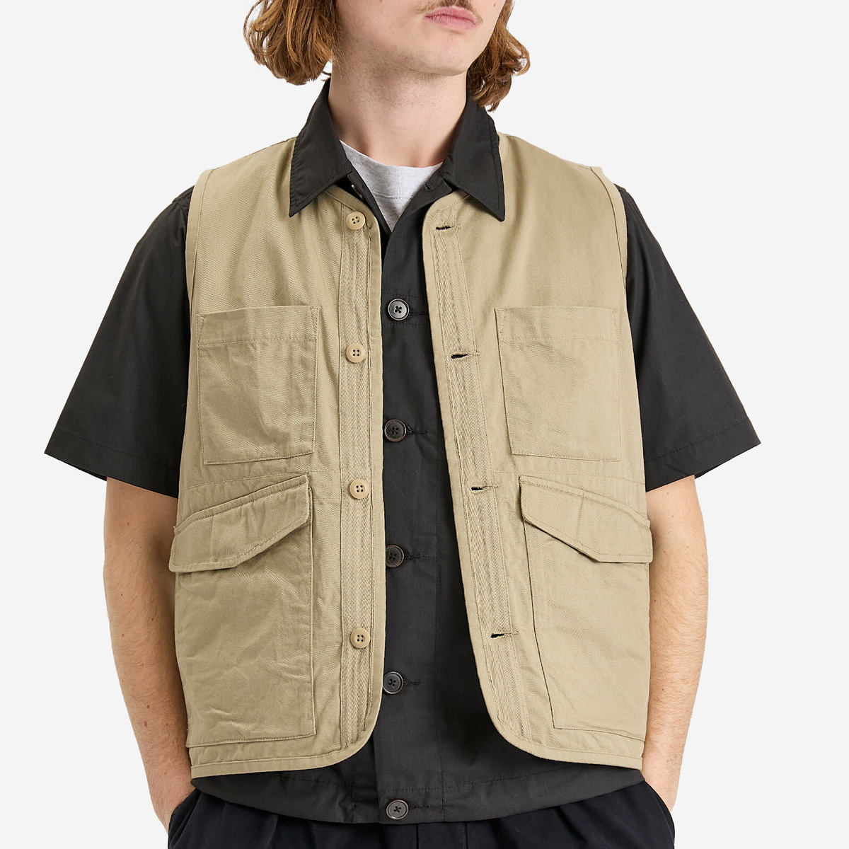 Universal Works Men's Twill 4 Pocket Gilet in Stone Universal Works