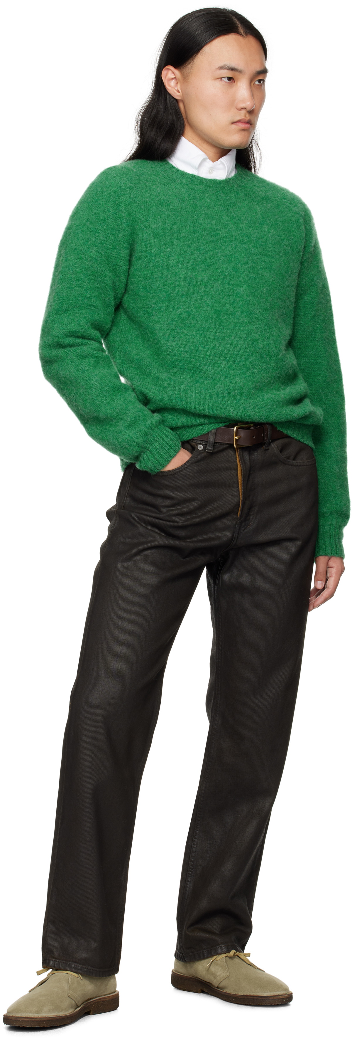 Drake's Green Brushed Shetland Crew Neck Sweater Drake's