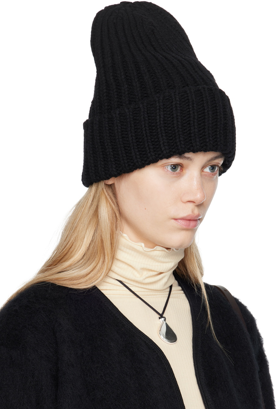 Baserange Black Recycled Wool Rib Beanie Baserange